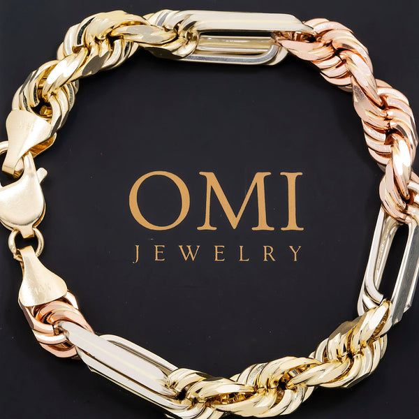 14K GOLD 9MM SOLID TRICOLOR MILANO CHAIN BRACELET - OMI Jewelry