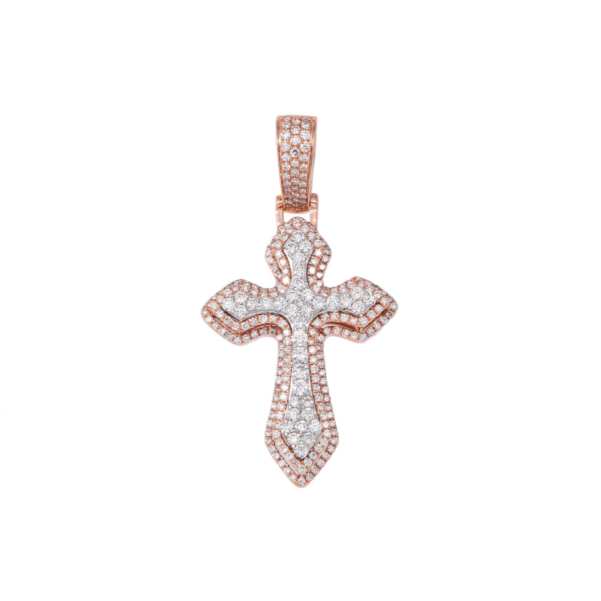 14K GOLD DIAMOND TWO TONE 3D POINTED CROSS PENDANT 2.10 CT - OMI Jewelry