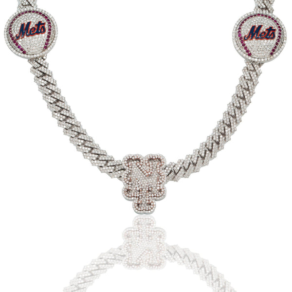 WHITE GOLD ROUND DIAMOND NEW YORK METS CUSTOM CUBAN CHAIN - OMI Jewelry