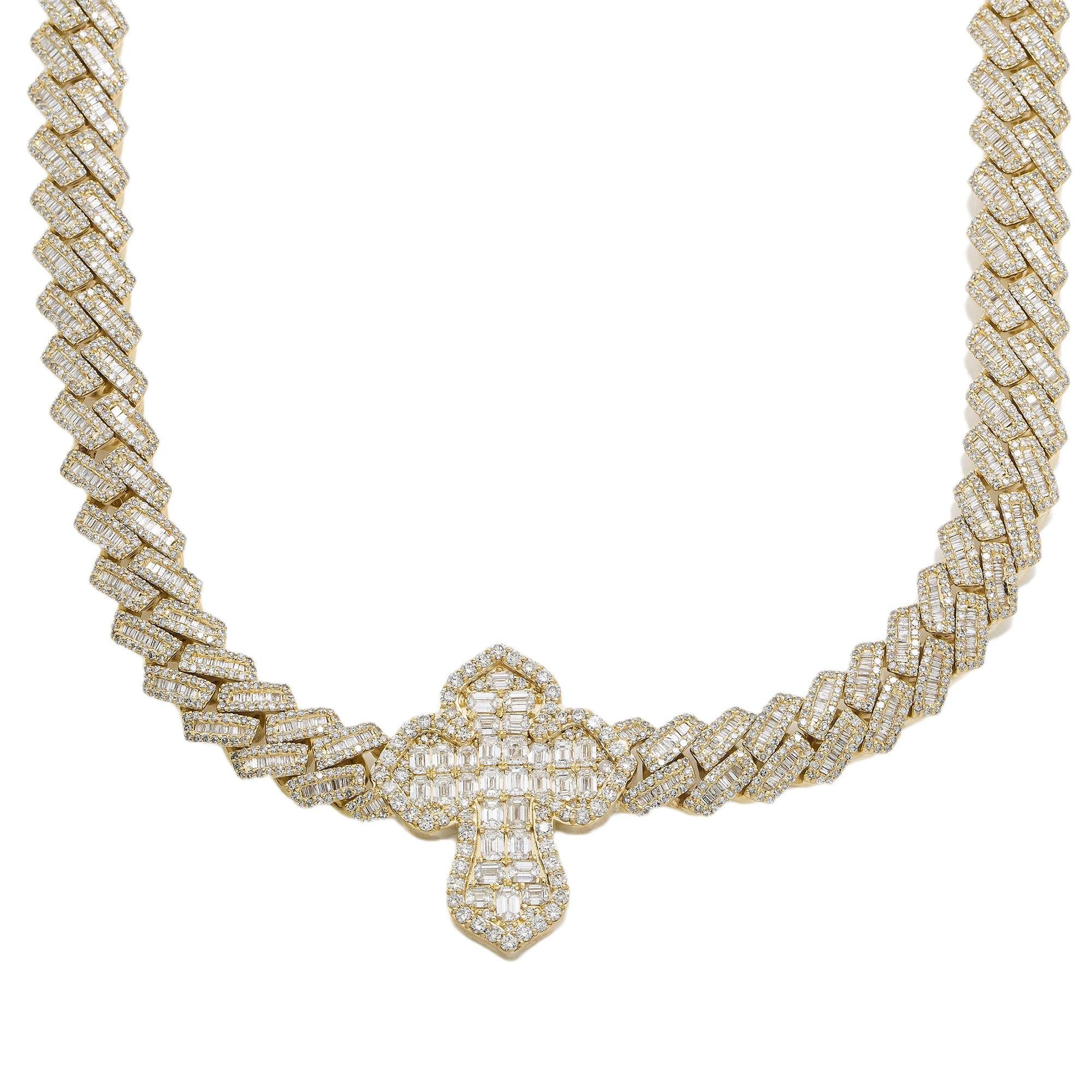 10K GOLD BAGUETTE AND ROUND DIAMOND PRONG CUBAN LINK CROSS CHAIN - OMI ...