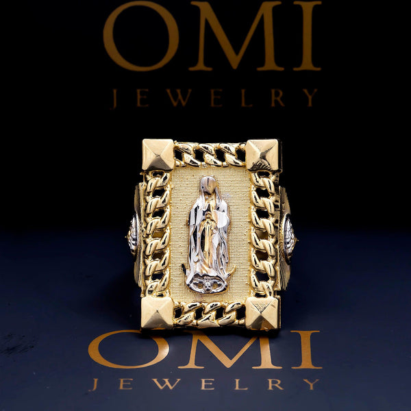 10K GOLD TWO TONE MOTHER MARY CUBAN LINK RECTANGLE RING 7.0G - OMI Jewelry