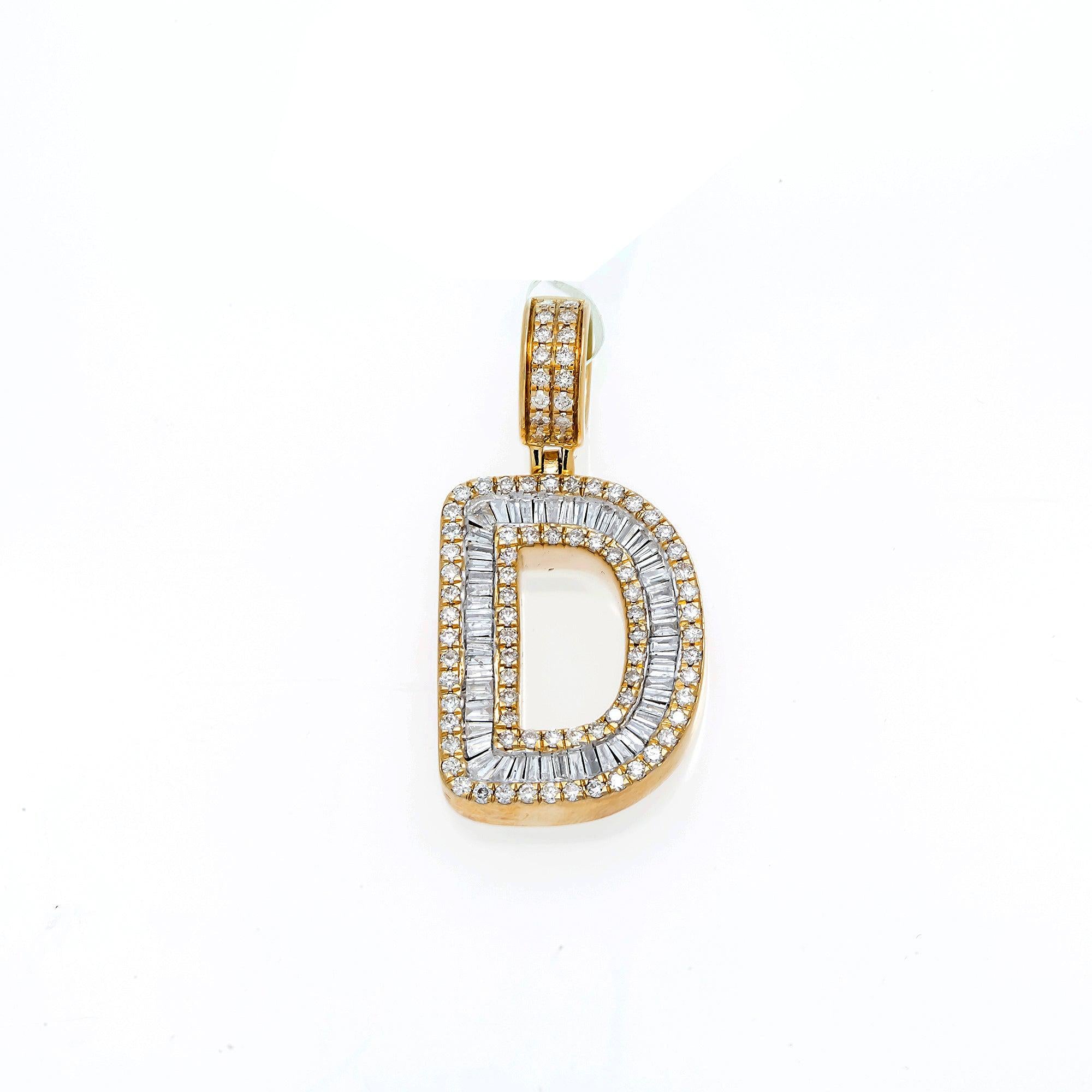 10K GOLD BAGUETTE AND ROUND DIAMOND INITIAL D PENDANT 1.50 CT - OMI Jewelry