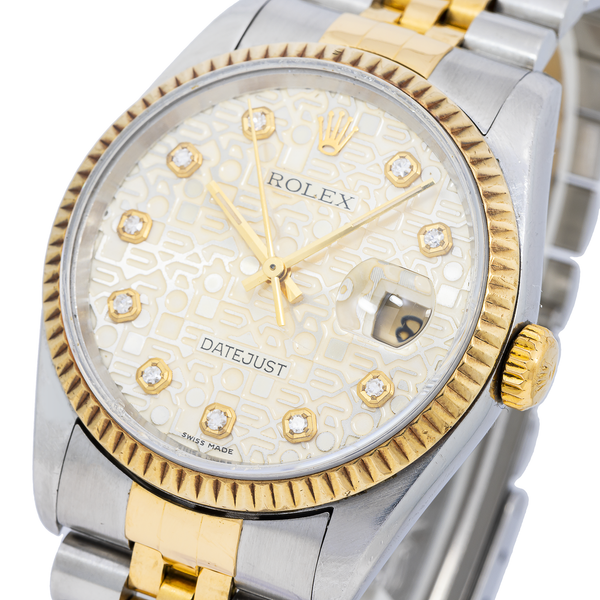 Rolex Datejust 36MM 16013 Silver Pattern Diamond Dial Yellow Gold Flut ...