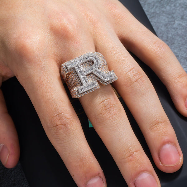10K GOLD BAGUETTE CLUSTER DIAMOND 3D INITIAL R RING 5.50 CT - OMI Jewelry
