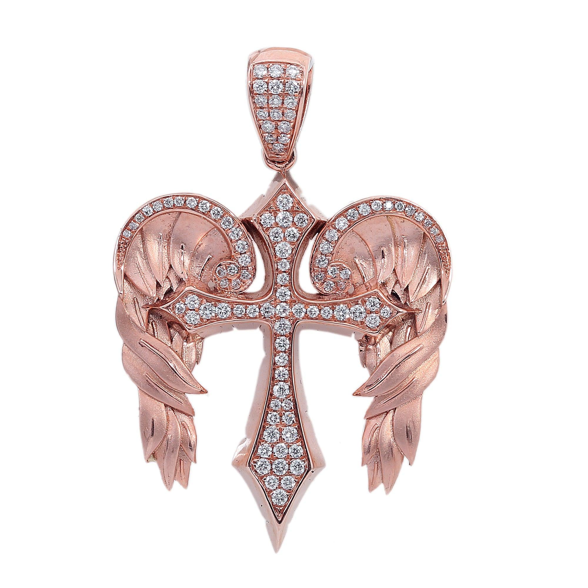 14K Rose Gold Diamond Angel Wings Shaped Cross Pendant - OMI Jewelry